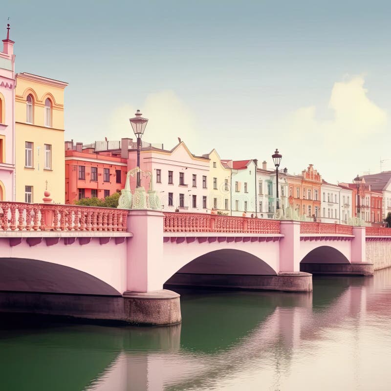 An Old Town with a Pink Bridge Over the River Stock Illustration ...