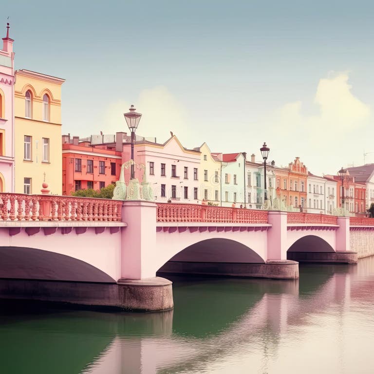 An Old Town with a Pink Bridge Over the River Stock Illustration ...