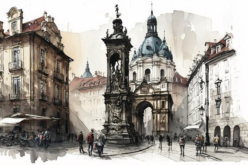 Old Town of Prague Drawing with Bit of Watercolour Stock Illustration ...