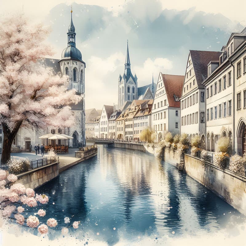 An Old Town in Spring with Charming Architecture, and a River Lined ...