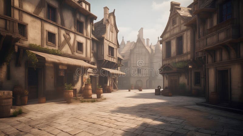 Old Town Street with Old Buildings in a Fog. 3d Rendering Stock ...