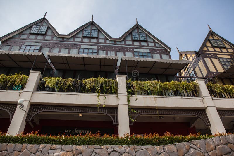 Old Town on Street from Lower View with Nice Balcony and Flowers Stock ...