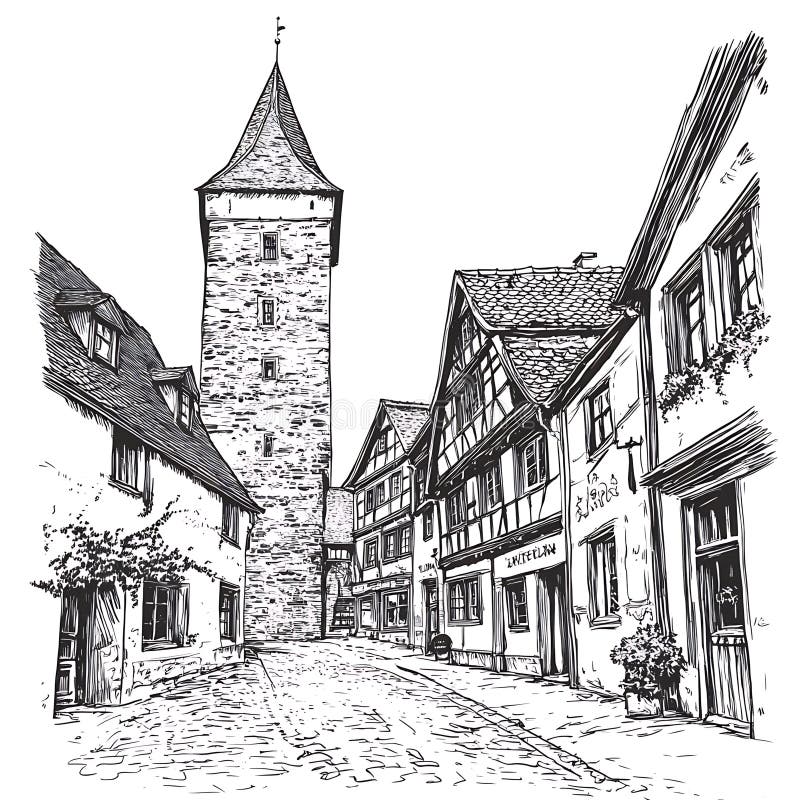 Old Town Street with Medieval Tower Sketch Stock Illustration ...