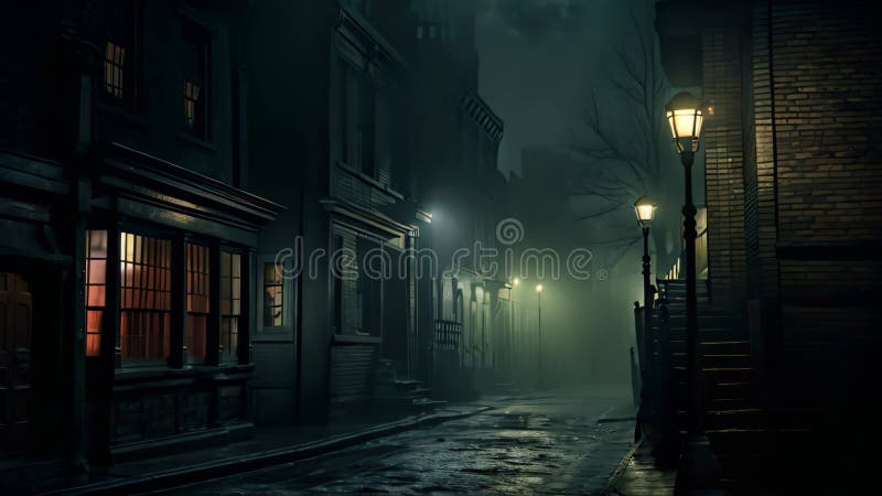 Old Town Street at Night with Fog and Old Buildings in the Background ...