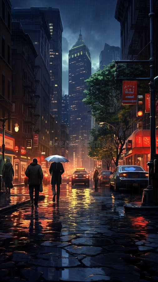 Old Town Street Raining at Night 3D Rendering Stock Illustration ...