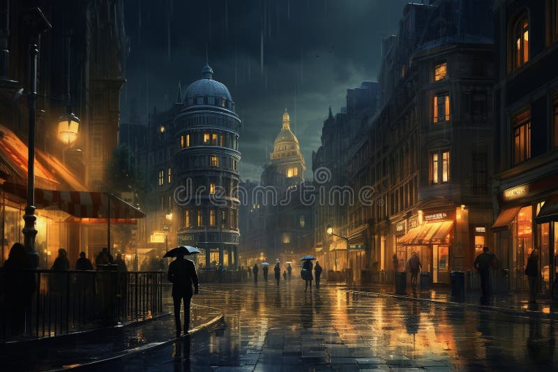 Old Town Street Raining at Night 3D Rendering Stock Illustration ...