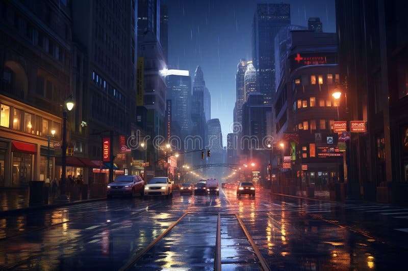 Old Town Street Raining at Night 3D Rendering Stock Illustration ...