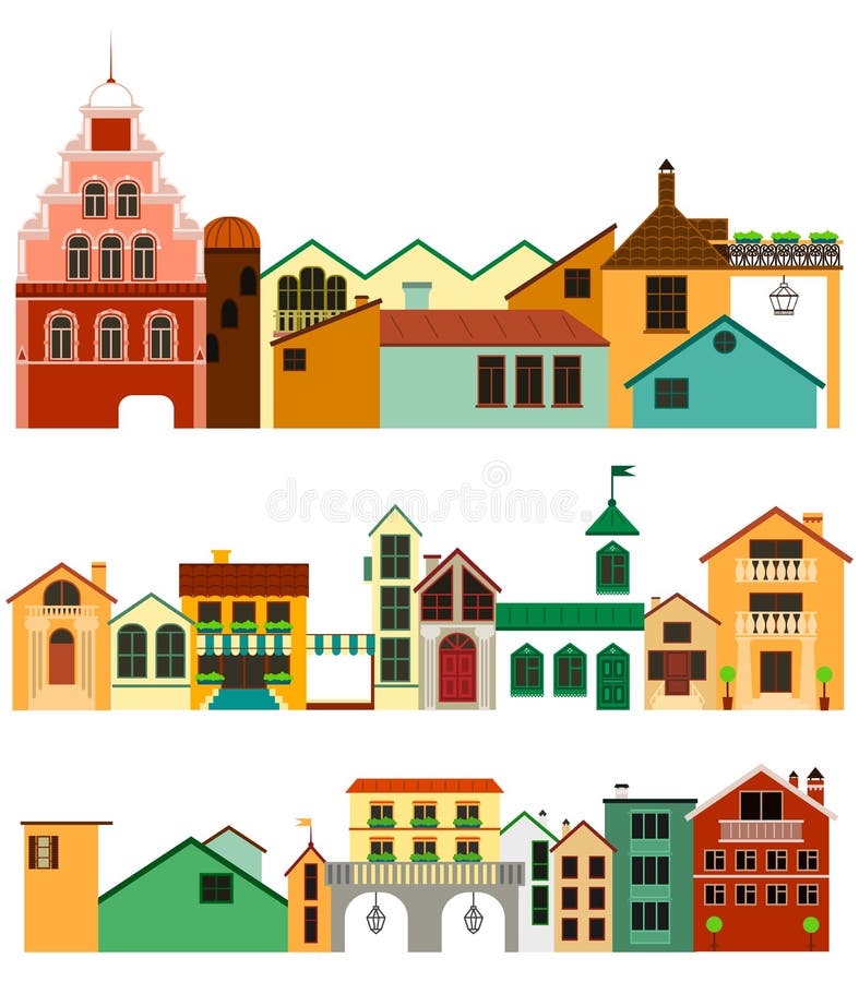 Old Town Streets Illustration. Vector Set of Cityscape Buildings Stock ...