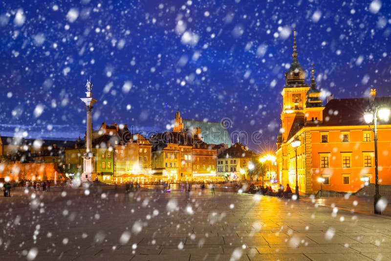 Old Town of Warsaw on a Cold Winter Night with Falling Snow Stock Image ...
