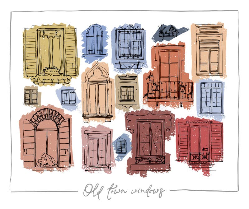 Old Town Windows. Sketch Hand Drawn of Vintage Architecture Style Stock ...