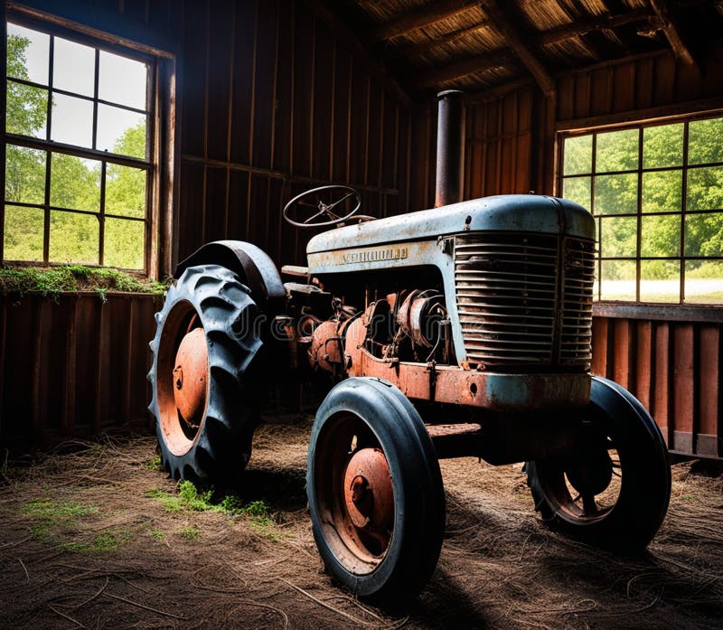 Old Tractor Abandoned in an Old Barn Stock Illustration - Illustration ...