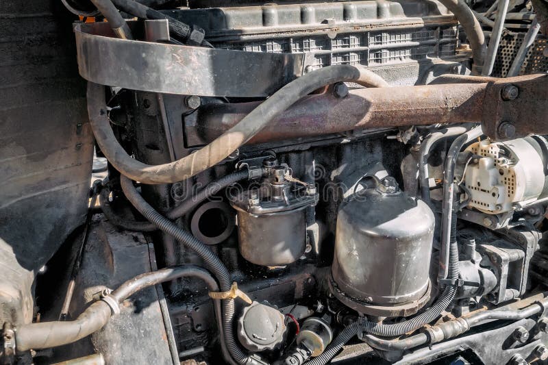 Old Tractor Engine Close-up. Worn Out Engine in Full Frame Stock Image ...