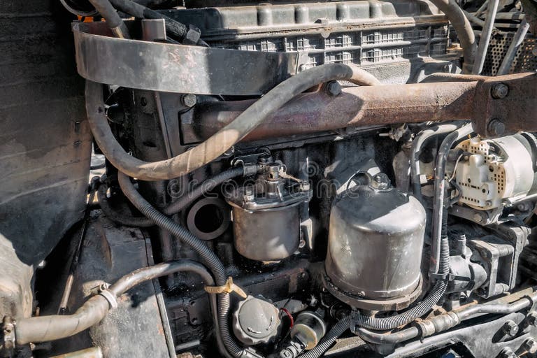 Old Tractor Engine Close-up. Worn Out Engine in Full Frame Stock Image ...