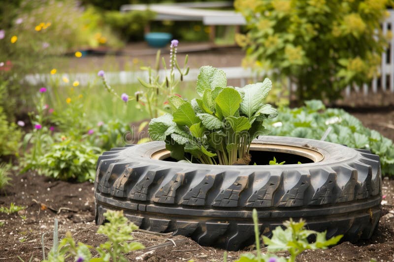 Old Tractor Tire Repurposed As a Garden Planter Stock Photo - Image of ...