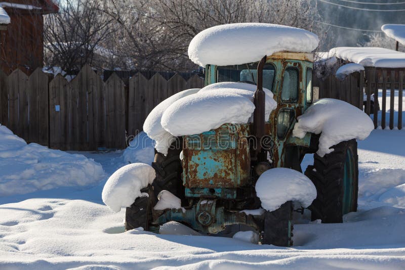 Tractor In The Snow. Winter Rural Scene. Stock Image - Image of machine ...