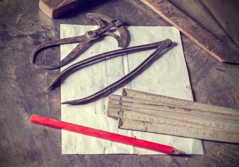 Old Traditional Carpentry Tools. Stock Photo - Image of metal, pencil ...