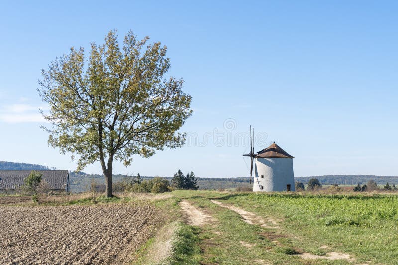 Old Traditional Windmill on the Horizon Next To an Old Road and a Tree ...