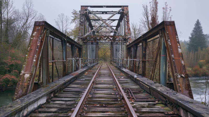 An Old Train Bridge Crossing a Serene River with Lush Greenery in the Background Stock Image ...