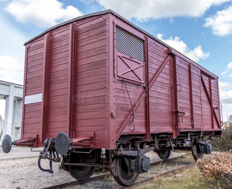 Old Train Carriage on Rails, Red Wooden Train Carriage. Old Style Hook ...