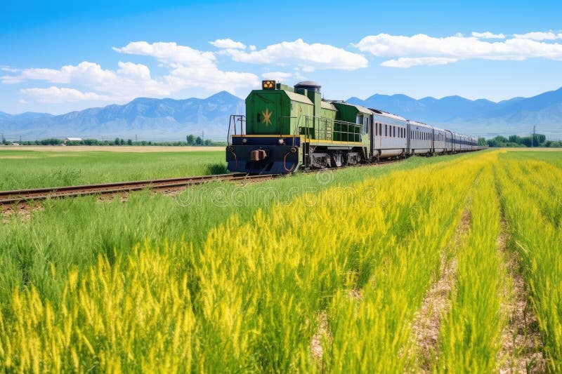 Old Train Engine Approaching Vast Grass Fields Stock Photo - Image of ...