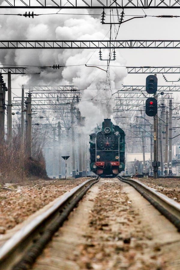 An Old Train is Flying on Rails with Smoke Stock Image - Image of ...