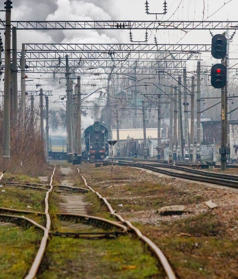 An Old Train is Flying on Rails with Smoke Stock Image - Image of ...