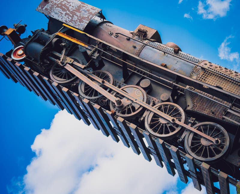 Old Train High Up in the Sky and Surfing through the Clouds. Stock ...