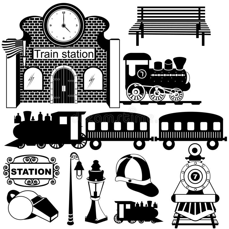 Old Train Station Black Icons Stock Vector - Illustration of classic ...