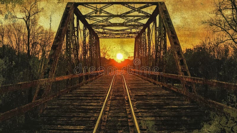 Old Train Trestle Bridge at Sunset with Grunge Texture Stock Photo ...