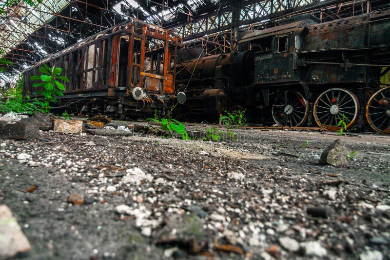Old Trains at Abandoned Train Depot Stock Photo - Image of construction ...