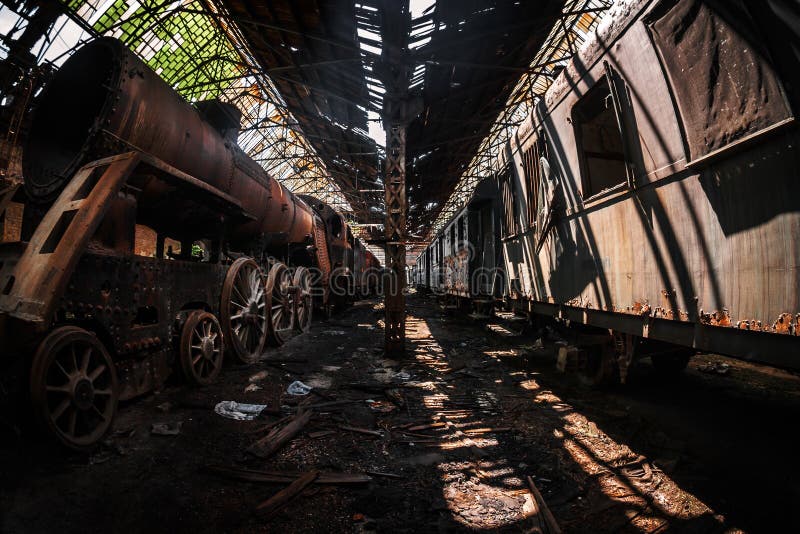 Old Trains at Abandoned Train Depot Stock Photo - Image of steel, rusty ...