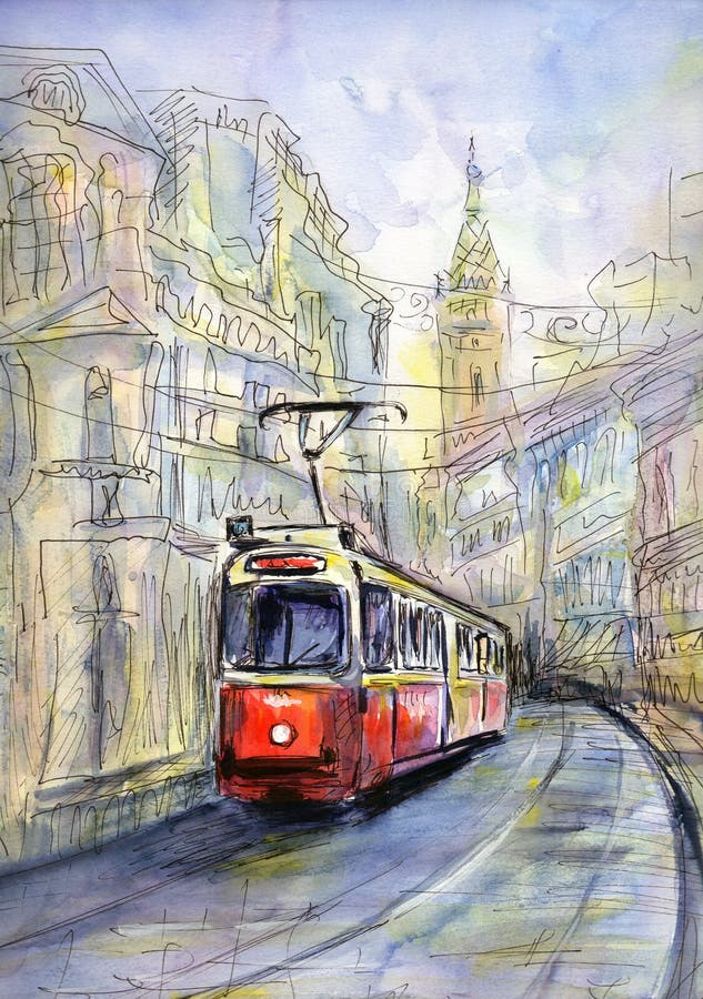 Old tram stock illustration. Illustration of colorful - 34302825