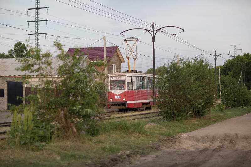 Old Tram Rides in Provincial Town in Summer Stock Photo - Image of ...