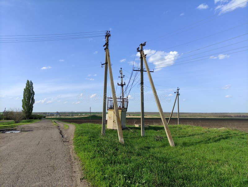 Old Transformer Box and Electric Lines in a Countryside Stock Photo ...