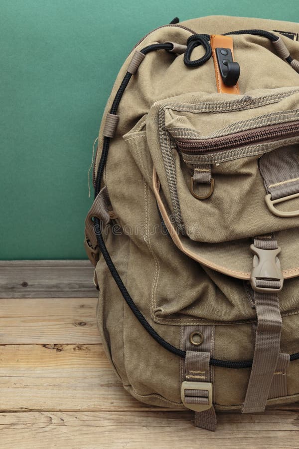 Old travel backpack stock photo. Image of wooden, green - 156509538