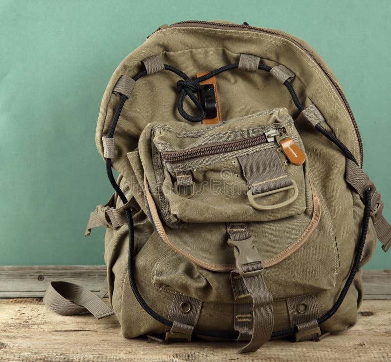 Old travel backpack stock image. Image of wooden, plntus - 54846579