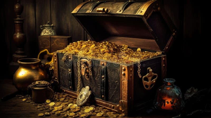 Old Treasure Chest Full of Gold. Generative AI Stock Illustration ...
