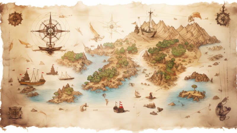 Old Treasure Map with Islands and Compass Directions Stock Photo ...