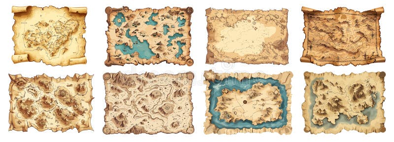 Old Treasure Map Set. Top View. Pirat Ancient Adventure Navigation ...