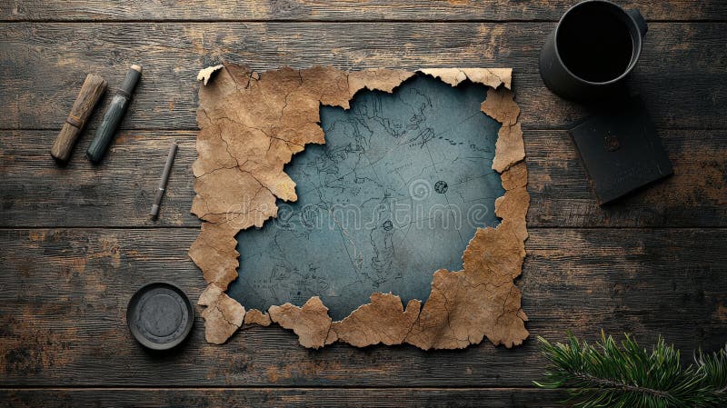 Old Treasure Map on a Wooden Table with Vintage Tools and a Cup Stock ...
