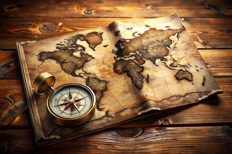 Old Treasure Piratesâ€™ Map with Compass on Wood Table Stock ...
