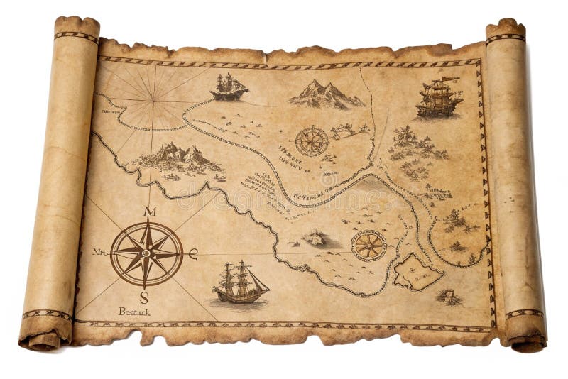 Old Treasures Map Scroll Isolated, Medieval Nautical Pirates Map with ...