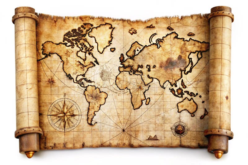 Old Treasures Map Scroll Isolated, Medieval Nautical Pirates Map with ...