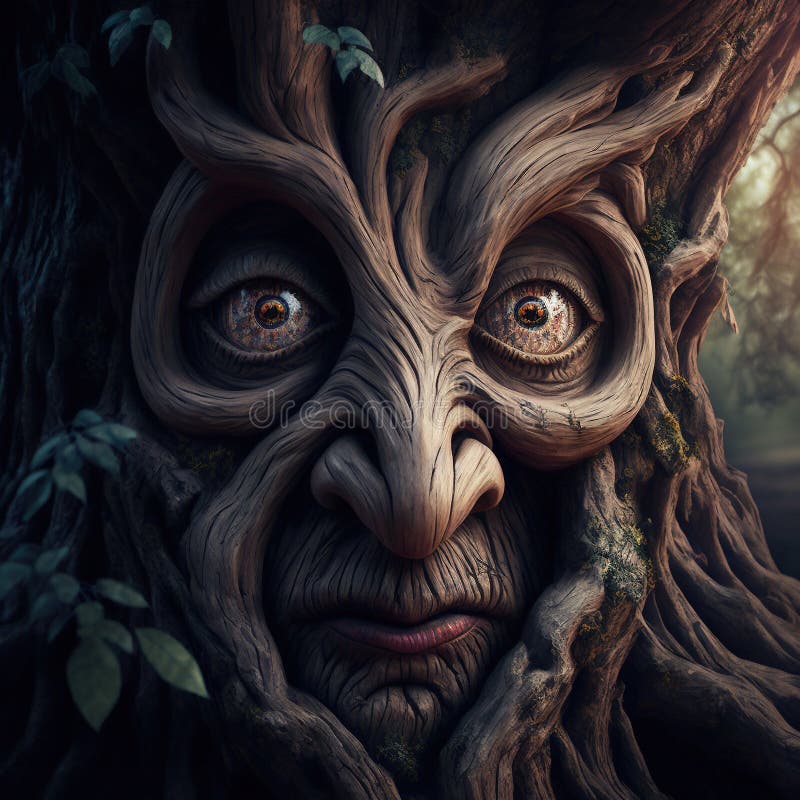 Old Tree with a Face. Generative AI Stock Illustration - Illustration ...