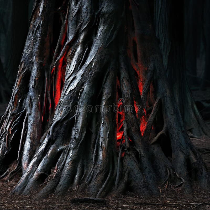 Old Tree Roots with Glowing Red Light in Dark Forest, Halloween Concept ...
