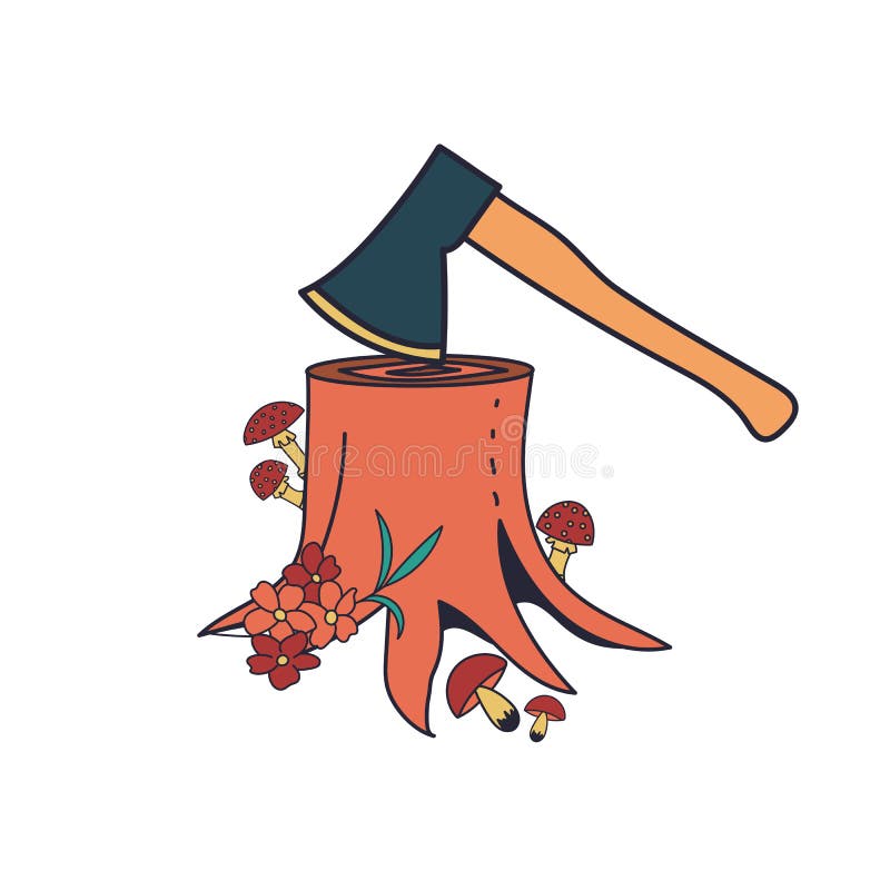 Old Tree Stump with Roots and Axe Vector Image Stock Vector ...