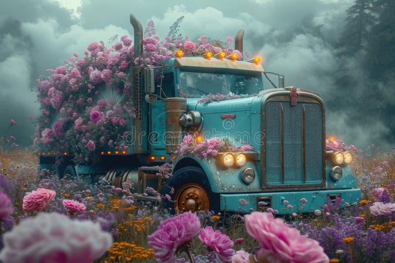 An Old Truck in a Flower Bed. Decor Stock Illustration - Illustration ...