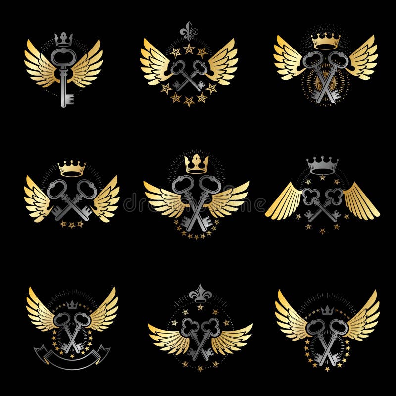 Old Turnkey Keys Emblems Set. Heraldic Vector Design Elements ...