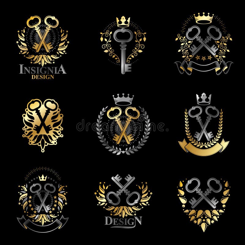 Old Turnkey Keys Emblems Set. Heraldic Vector Design Elements Co Stock ...