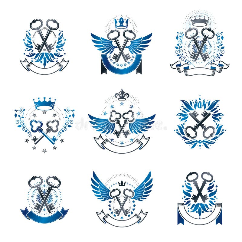 Old Turnkey Keys Emblems Set. Heraldic Vector Design Elements Co Stock ...